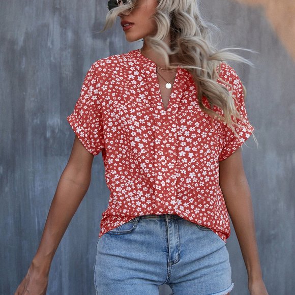 Tops | New Floral Print Batwing Sleeve Blouse Red | Poshmark